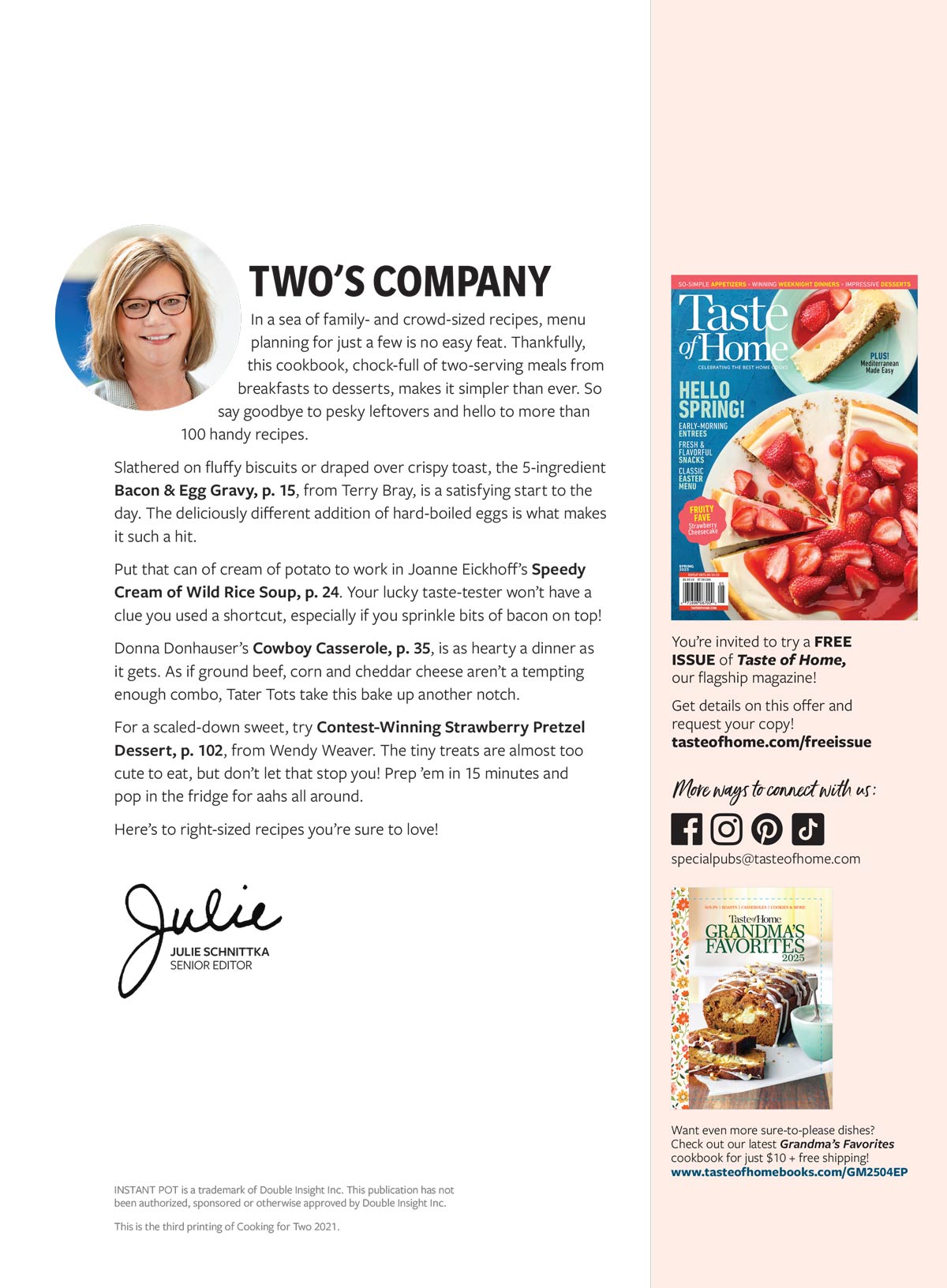 Taste of Home - Cooking For Two: 114 Quick & Easy Recipes, Designed To ...